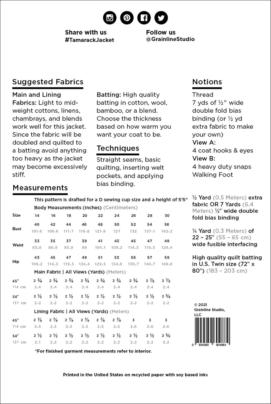 Grainline Pattern - Tamarack Jacket | Core Fabrics